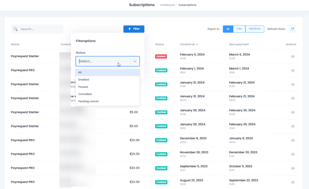 Subscription Management - PayRequest